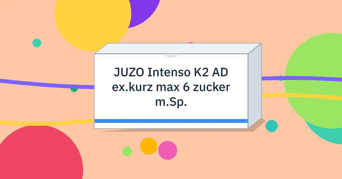 Symbolbild: Packung mit der Aufschrift JUZO Intenso K2 AD ex.kurz max 6 zucker m.Sp. (PZN 18606625) – Verfügbarkeit und Bezug in Apotheken in Frankfurt am Main
