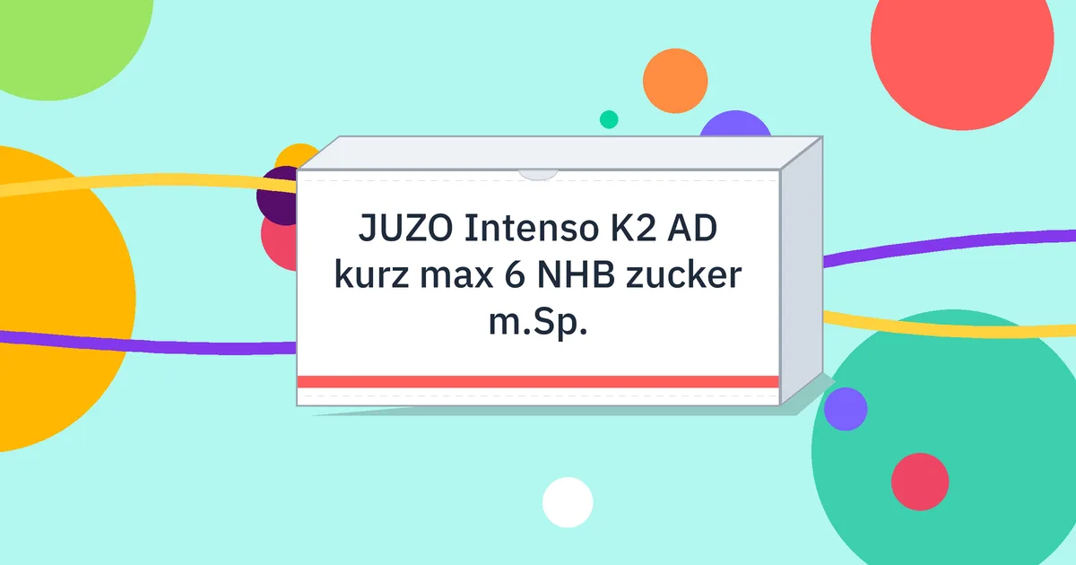 Symbolbild: Packung mit der Aufschrift JUZO Intenso K2 AD kurz max 6 NHB zucker m.Sp. (PZN 18611974) – Verfügbarkeit und Bezug in Apotheken in Frankfurt am Main