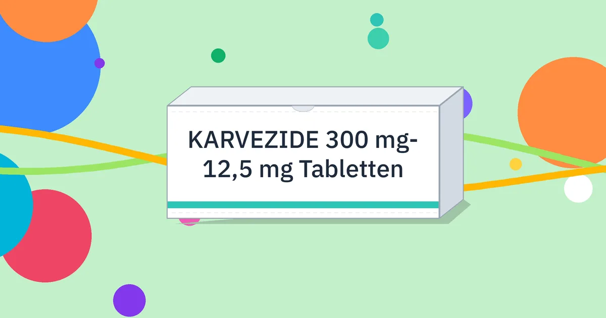 Symbolbild: Packung mit der Aufschrift KARVEZIDE 300 mg-12,5 mg Tabletten (PZN 00694534) – Verfügbarkeit und Bezug in Apotheken in Frankfurt am Main