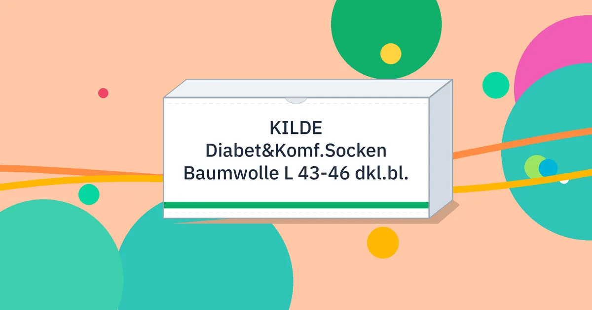 Symbolbild: Packung mit der Aufschrift KILDE Diabet&Komf.Socken Baumwolle L 43-46 dkl.bl. (PZN 20798106) – Verfügbarkeit und Bezug in Apotheken in Frankfurt am Main