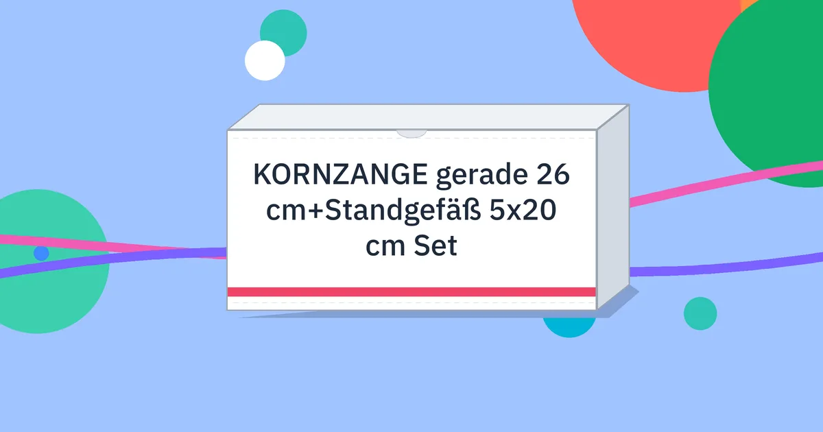 Symbolbild: Packung mit der Aufschrift KORNZANGE gerade 26 cm+Standgefäß 5x20 cm Set (PZN 17876736) – Verfügbarkeit und Bezug in Apotheken in Frankfurt am Main