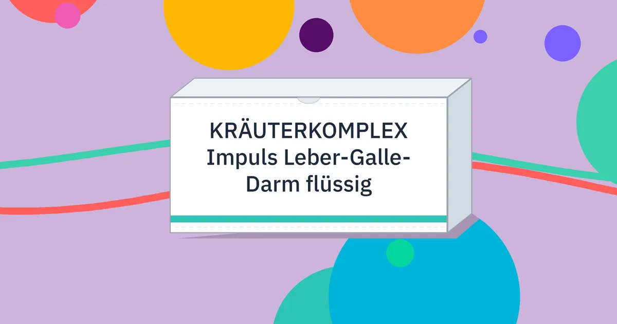 Symbolbild: Packung mit der Aufschrift KRÄUTERKOMPLEX Impuls Leber-Galle-Darm flüssig (PZN 10300200) – Verfügbarkeit und Bezug in Apotheken in Frankfurt am Main