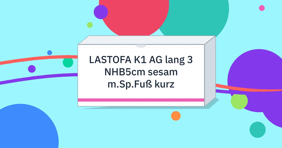 Symbolbild: Packung mit der Aufschrift LASTOFA K1 AG lang 3 NHB5cm sesam m.Sp.Fuß kurz (PZN 13791210) – Verfügbarkeit und Bezug in Apotheken in Frankfurt am Main
