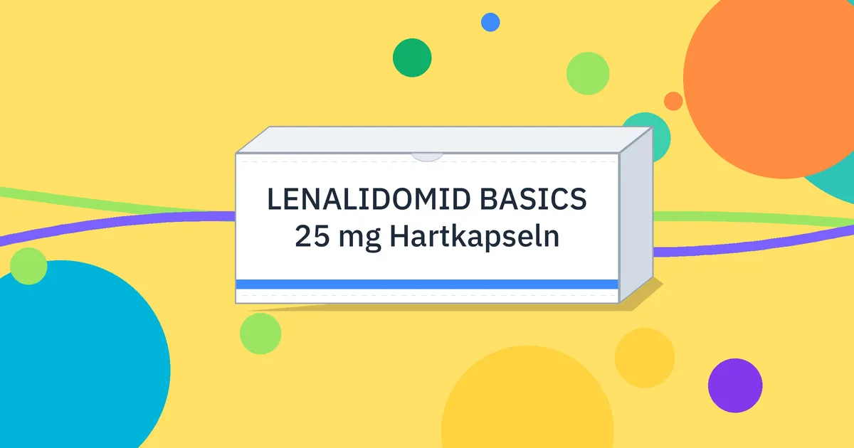 Symbolbild: Packung mit der Aufschrift LENALIDOMID BASICS 25 mg Hartkapseln (PZN 17816792) – Verfügbarkeit und Bezug in Apotheken in Frankfurt am Main