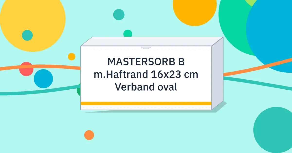 Symbolbild: Packung mit der Aufschrift MASTERSORB B m.Haftrand 16x23 cm Verband oval (PZN 20390977) – Verfügbarkeit und Bezug in Apotheken in Frankfurt am Main