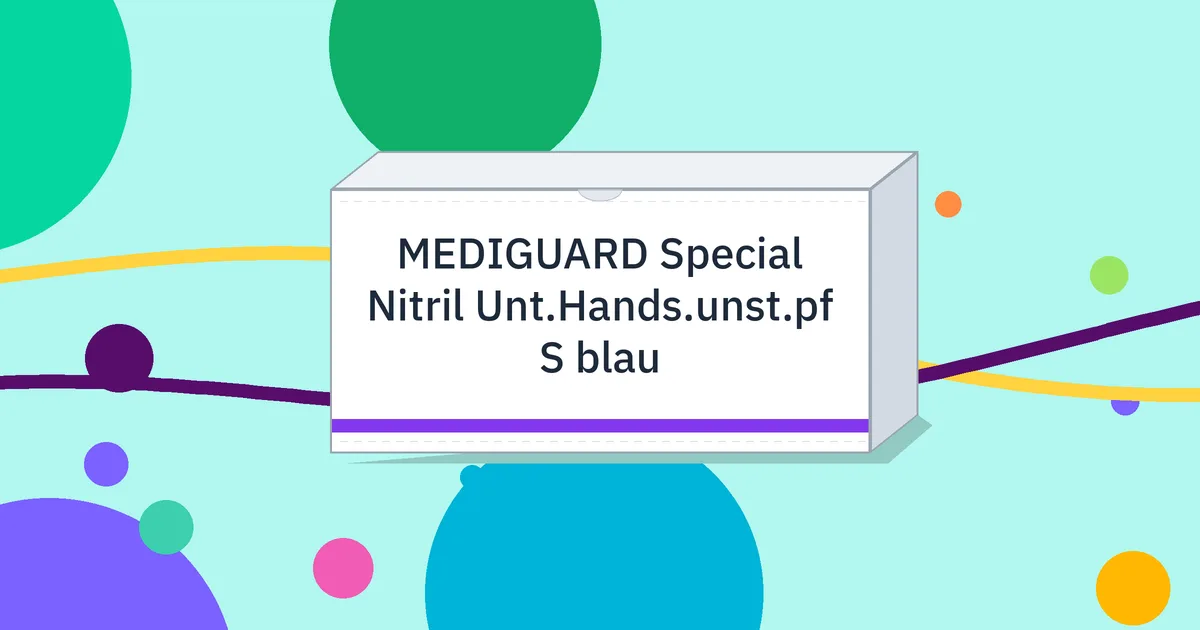 Symbolbild: Packung mit der Aufschrift MEDIGUARD Special Nitril Unt.Hands.unst.pf S blau (PZN 16210231) – Verfügbarkeit und Bezug in Apotheken in Frankfurt am Main