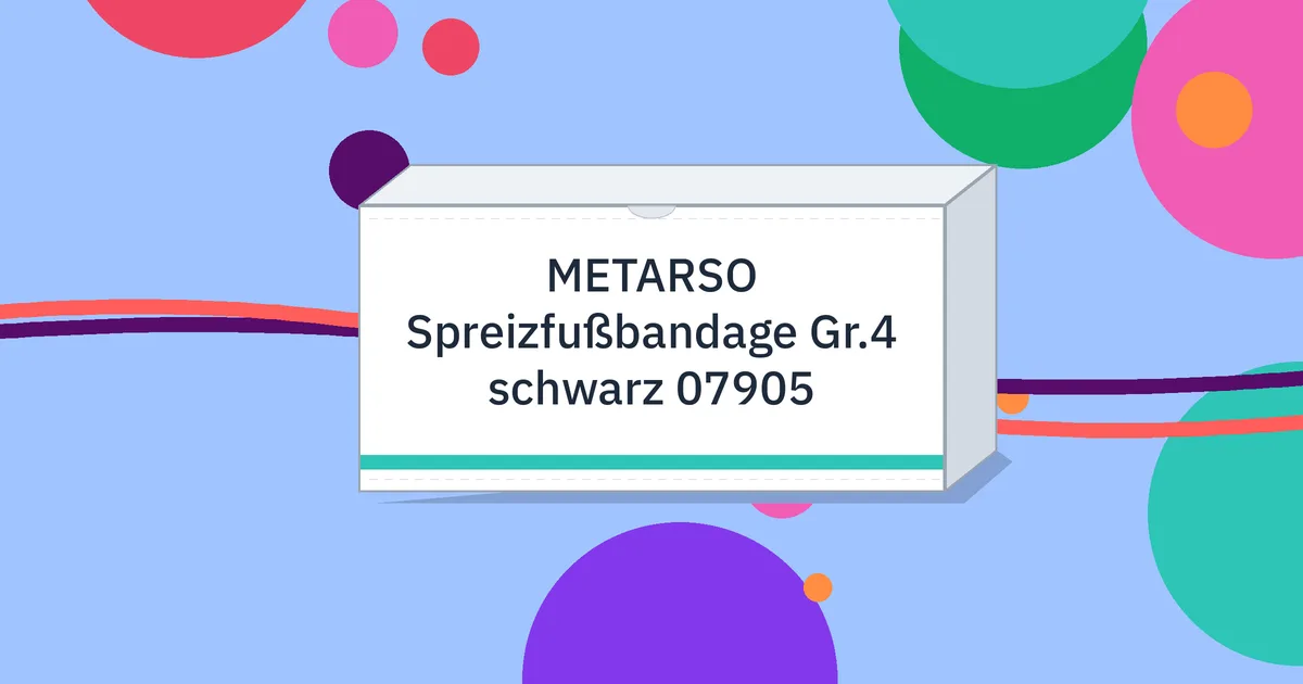 Symbolbild: Packung mit der Aufschrift METARSO Spreizfußbandage Gr.4 schwarz 07905 (PZN 03549270) – Verfügbarkeit und Bezug in Apotheken in Frankfurt am Main
