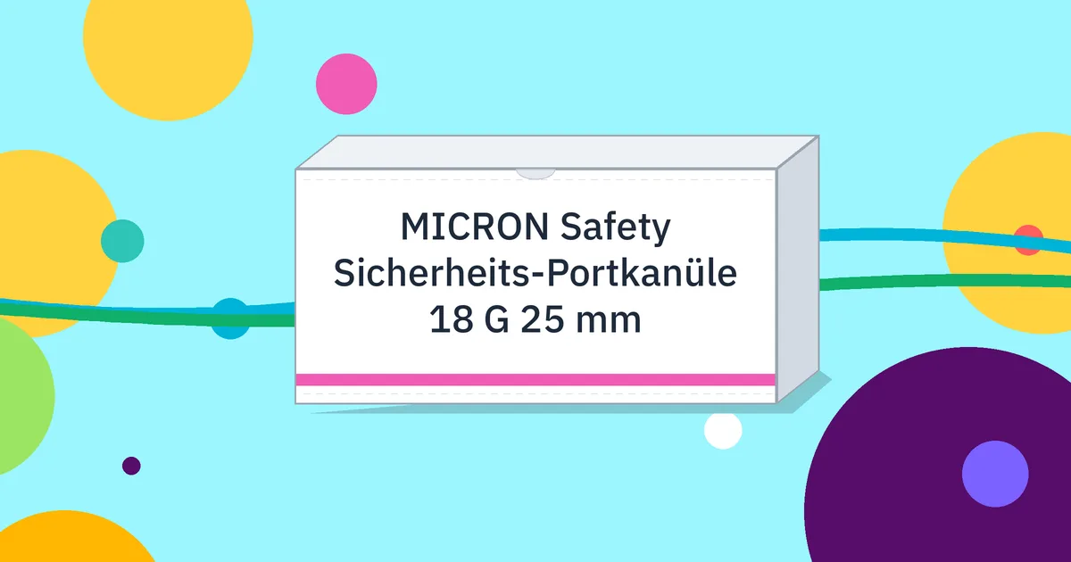 Symbolbild: Packung mit der Aufschrift MICRON Safety Sicherheits-Portkanüle 18 G 25 mm (PZN 19397336) – Verfügbarkeit und Bezug in Apotheken in Frankfurt am Main