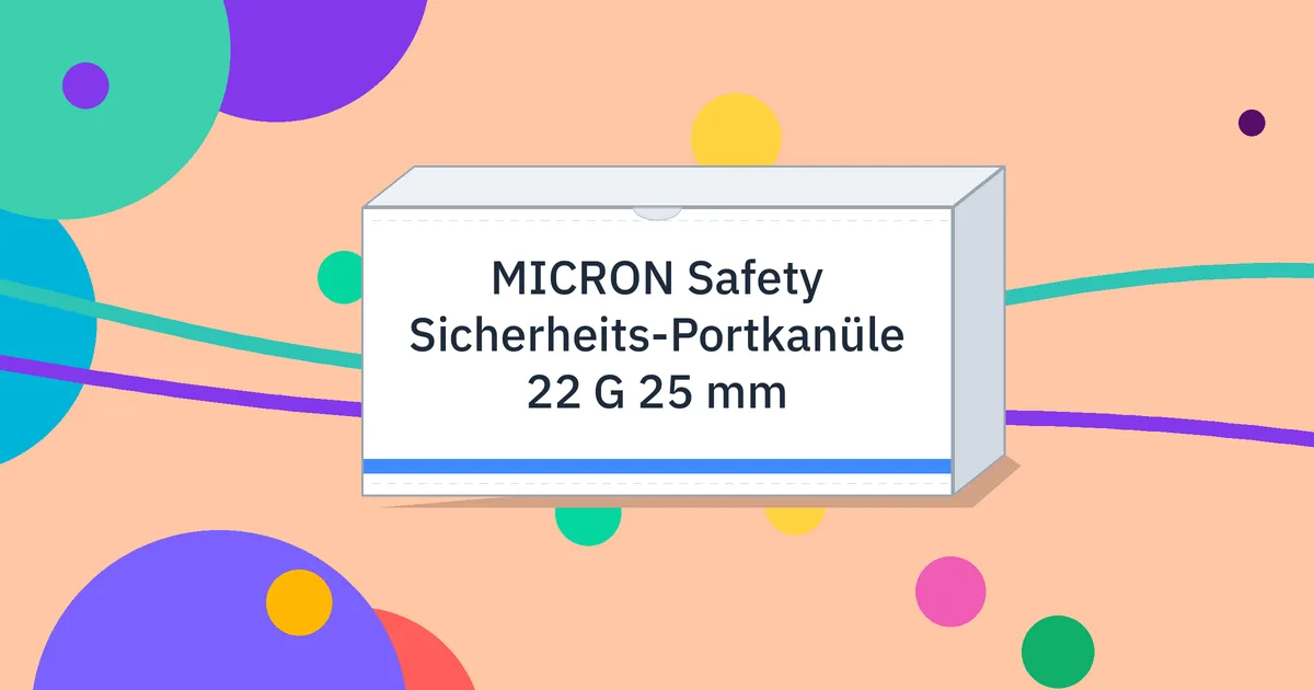 Symbolbild: Packung mit der Aufschrift MICRON Safety Sicherheits-Portkanüle 22 G 25 mm (PZN 19146350) – Verfügbarkeit und Bezug in Apotheken in Frankfurt am Main