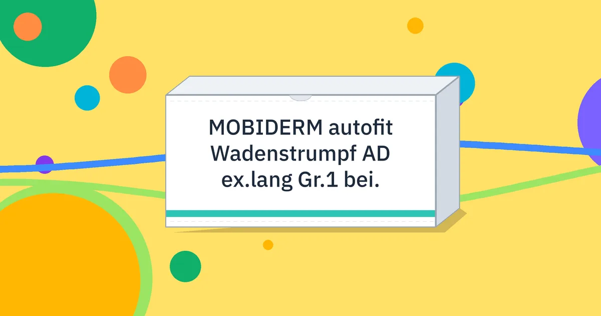 Symbolbild: Packung mit der Aufschrift MOBIDERM autofit Wadenstrumpf AD ex.lang Gr.1 bei. (PZN 19742075) – Verfügbarkeit und Bezug in Apotheken in Frankfurt am Main