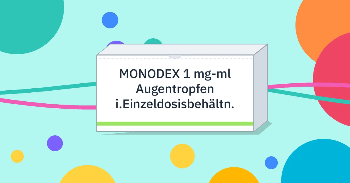 Symbolbild: Packung mit der Aufschrift MONODEX 1 mg-ml Augentropfen i.Einzeldosisbehältn. (PZN 05136106) – Verfügbarkeit und Bezug in Apotheken in Frankfurt am Main