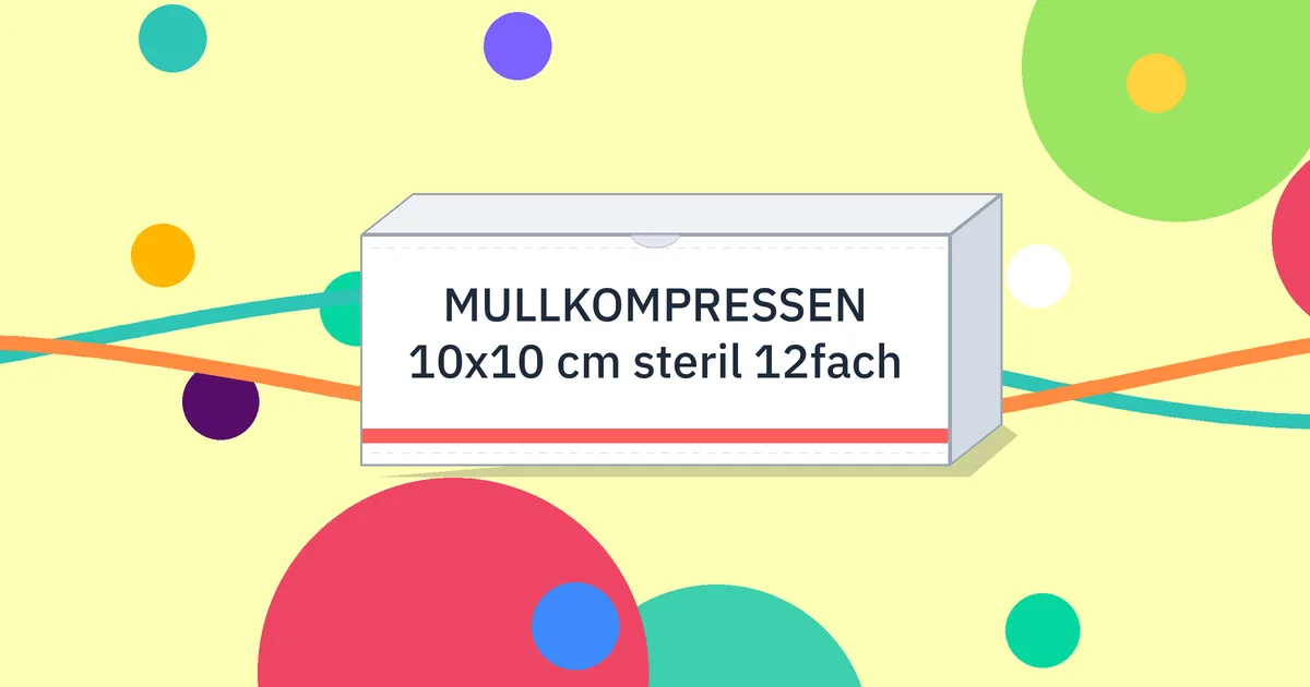 Symbolbild: Packung mit der Aufschrift MULLKOMPRESSEN 10x10 cm steril 12fach (PZN 07385894) – Verfügbarkeit und Bezug in Apotheken in Frankfurt am Main