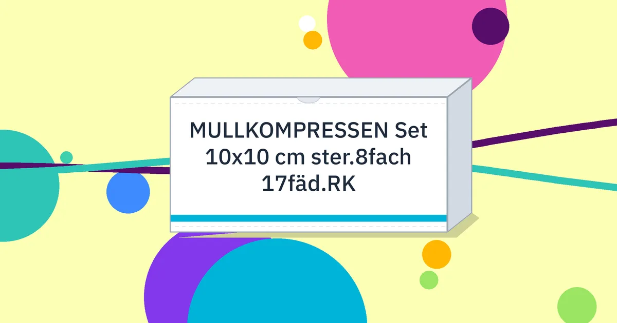 Symbolbild: Packung mit der Aufschrift MULLKOMPRESSEN Set 10x10 cm ster.8fach 17fäd.RK (PZN 06929487) – Verfügbarkeit und Bezug in Apotheken in Frankfurt am Main