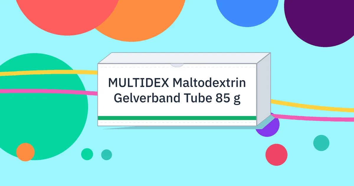 Symbolbild: Packung mit der Aufschrift MULTIDEX Maltodextrin Gelverband Tube 85 g (PZN 19436585) – Verfügbarkeit und Bezug in Apotheken in Frankfurt am Main