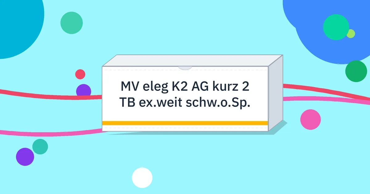 Symbolbild: Packung mit der Aufschrift MV eleg K2 AG kurz 2 TB ex.weit schw.o.Sp. (PZN 09880907) – Verfügbarkeit und Bezug in Apotheken in Frankfurt am Main