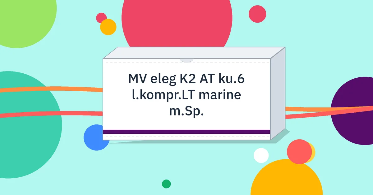Symbolbild: Packung mit der Aufschrift MV eleg K2 AT ku.6 l.kompr.LT marine m.Sp. (PZN 15287817) – Verfügbarkeit und Bezug in Apotheken in Frankfurt am Main