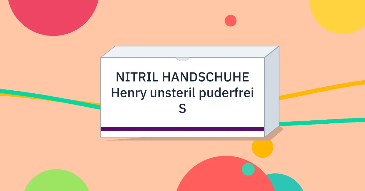 Symbolbild: Packung mit der Aufschrift NITRIL HANDSCHUHE Henry unsteril puderfrei S (PZN 19765314) – Verfügbarkeit und Bezug in Apotheken in Frankfurt am Main
