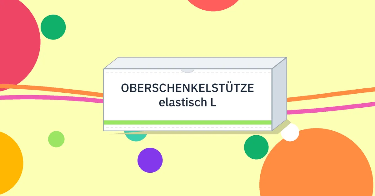 Symbolbild: Packung mit der Aufschrift OBERSCHENKELSTÜTZE elastisch L (PZN 19071830) – Verfügbarkeit und Bezug in Apotheken in Frankfurt am Main
