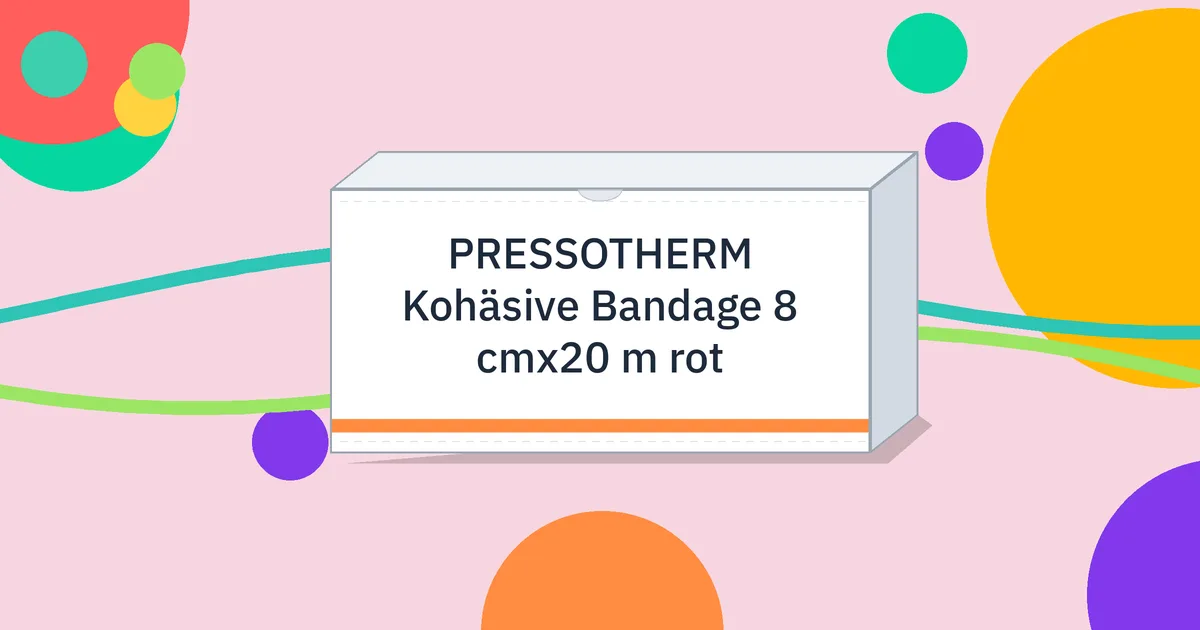 Symbolbild: Packung mit der Aufschrift PRESSOTHERM Kohäsive Bandage 8 cmx20 m rot (PZN 18201182) – Verfügbarkeit und Bezug in Apotheken in Frankfurt am Main
