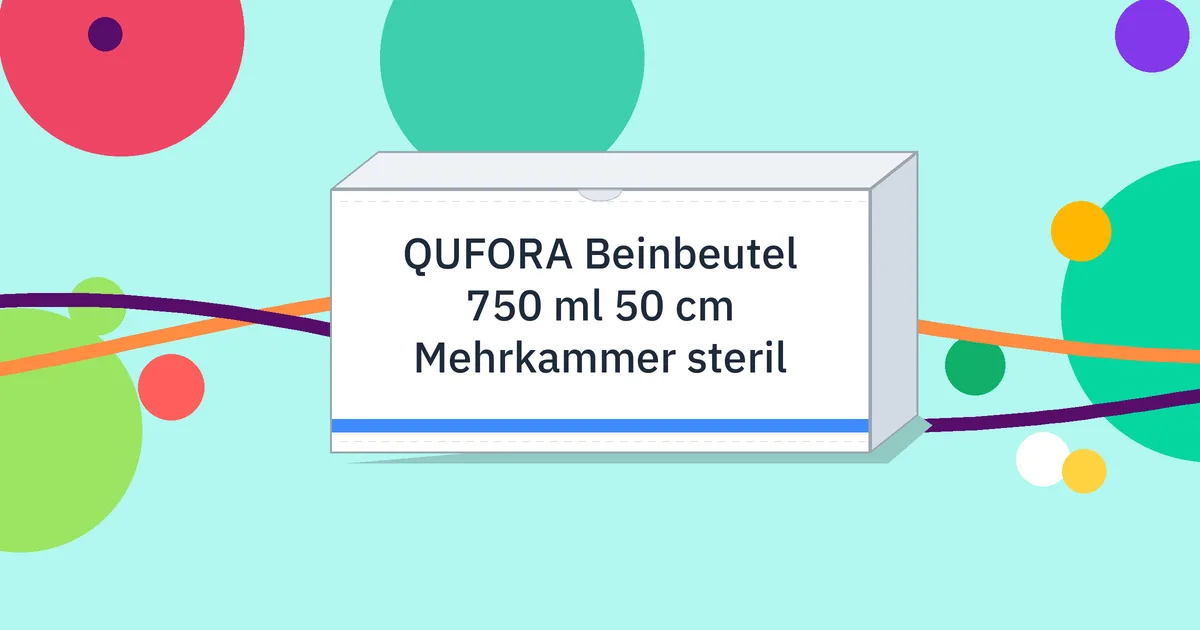 Symbolbild: Packung mit der Aufschrift QUFORA Beinbeutel 750 ml 50 cm Mehrkammer steril (PZN 06845649) – Verfügbarkeit und Bezug in Apotheken in Frankfurt am Main