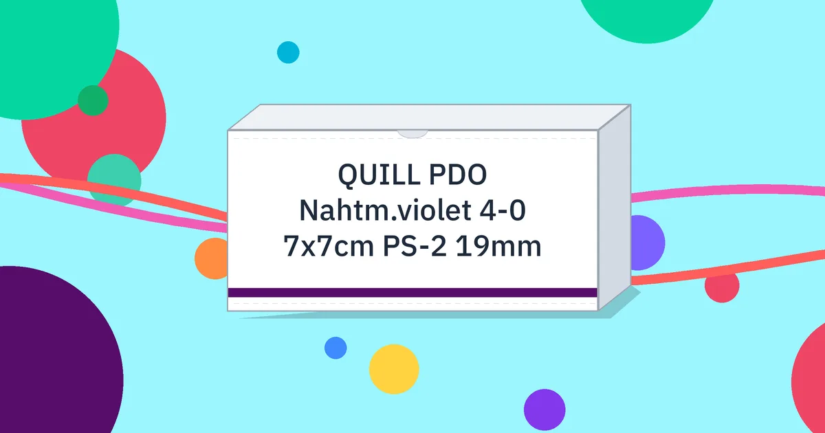 Symbolbild: Packung mit der Aufschrift QUILL PDO Nahtm.violet 4-0 7x7cm PS-2 19mm (PZN 17989363) – Verfügbarkeit und Bezug in Apotheken in Frankfurt am Main