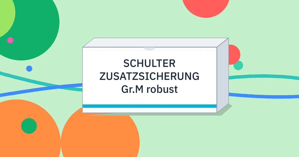 Symbolbild: Packung mit der Aufschrift SCHULTER ZUSATZSICHERUNG Gr.M robust (PZN 09167871) – Verfügbarkeit und Bezug in Apotheken in Frankfurt am Main