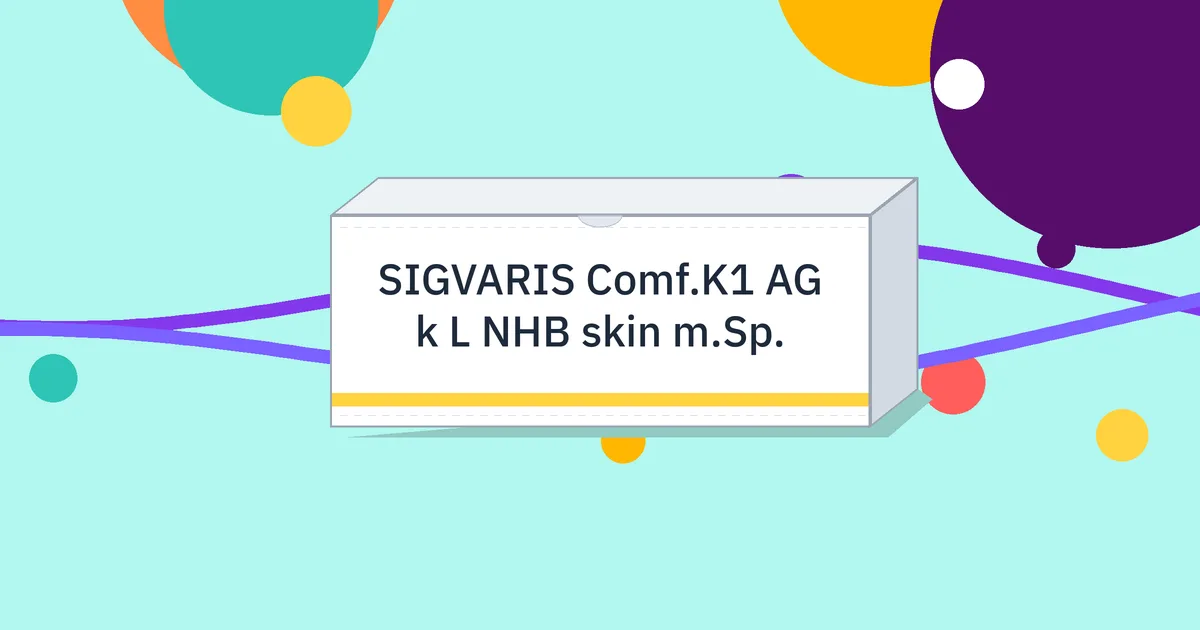 Symbolbild: Packung mit der Aufschrift SIGVARIS Comf.K1 AG k L NHB skin m.Sp. (PZN 17098285) – Verfügbarkeit und Bezug in Apotheken in Frankfurt am Main
