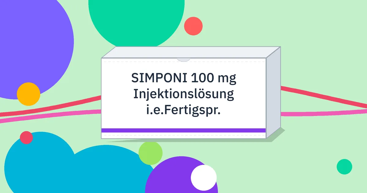 Symbolbild: Packung mit der Aufschrift SIMPONI 100 mg Injektionslösung i.e.Fertigspr. (PZN 16144882) – Verfügbarkeit und Bezug in Apotheken in Frankfurt am Main
