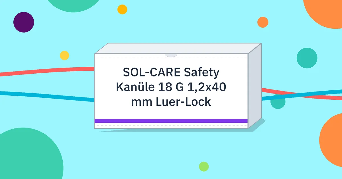 Symbolbild: Packung mit der Aufschrift SOL-CARE Safety Kanüle 18 G 1,2x40 mm Luer-Lock (PZN 19925077) – Verfügbarkeit und Bezug in Apotheken in Frankfurt am Main