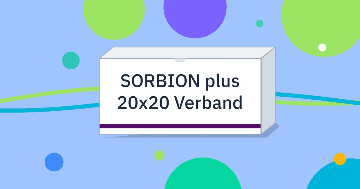Symbolbild: Packung mit der Aufschrift SORBION plus 20x20 Verband (PZN 06099241) – Verfügbarkeit und Bezug in Apotheken in Frankfurt am Main
