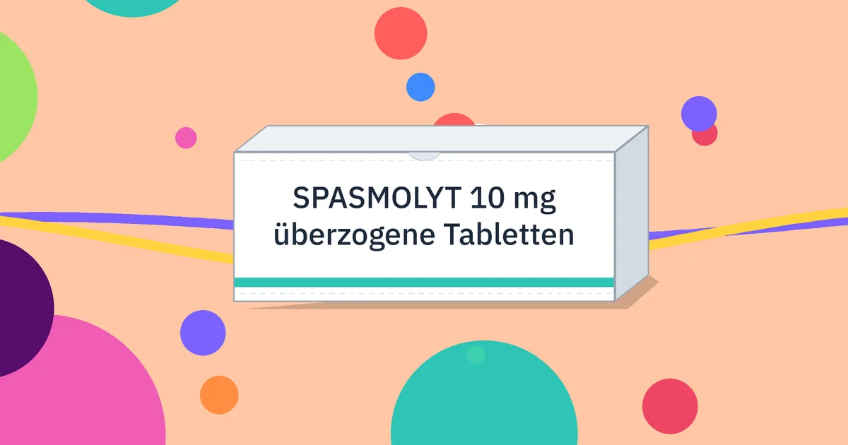 Symbolbild: Packung mit der Aufschrift SPASMOLYT 10 mg überzogene Tabletten (PZN 00969379) – Verfügbarkeit und Bezug in Apotheken in Frankfurt am Main