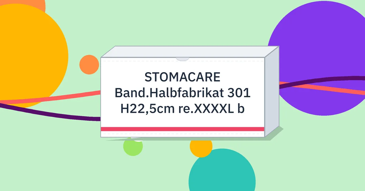 Symbolbild: Packung mit der Aufschrift STOMACARE Band.Halbfabrikat 301 H22,5cm re.XXXXL b (PZN 07664200) – Verfügbarkeit und Bezug in Apotheken in Frankfurt am Main