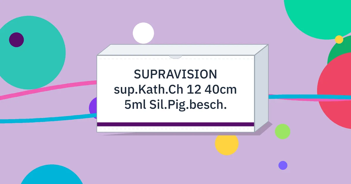 Symbolbild: Packung mit der Aufschrift SUPRAVISION sup.Kath.Ch 12 40cm 5ml Sil.Pig.besch. (PZN 18306219) – Verfügbarkeit und Bezug in Apotheken in Frankfurt am Main