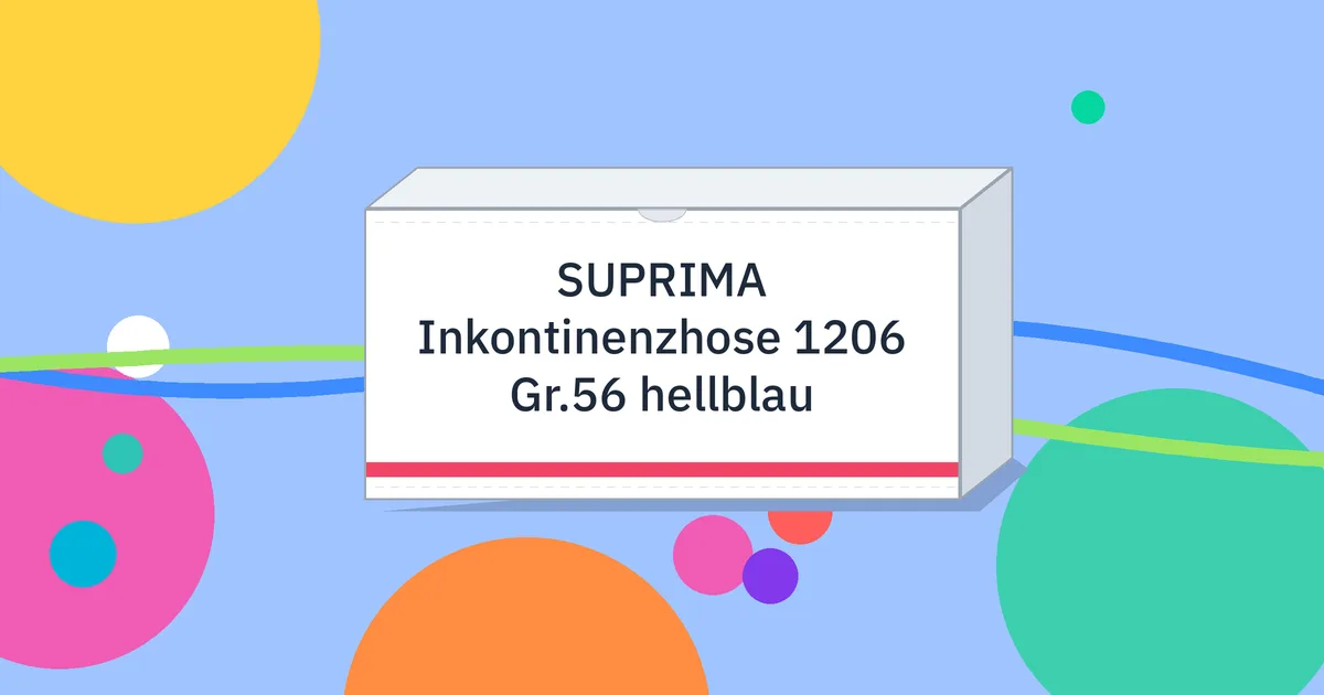 Symbolbild: Packung mit der Aufschrift SUPRIMA Inkontinenzhose 1206 Gr.56 hellblau (PZN 03021907) – Verfügbarkeit und Bezug in Apotheken in Frankfurt am Main
