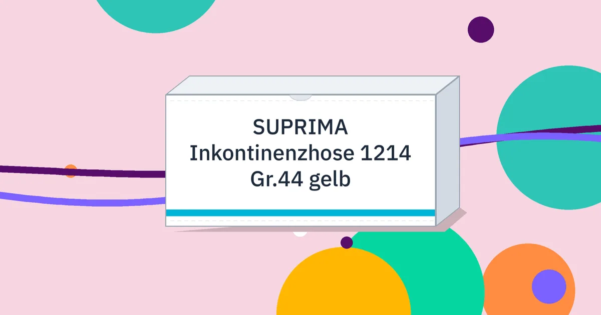 Symbolbild: Packung mit der Aufschrift SUPRIMA Inkontinenzhose 1214 Gr.44 gelb (PZN 02852115) – Verfügbarkeit und Bezug in Apotheken in Frankfurt am Main