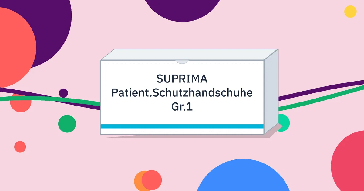Symbolbild: Packung mit der Aufschrift SUPRIMA Patient.Schutzhandschuhe Gr.1 (PZN 08881945) – Verfügbarkeit und Bezug in Apotheken in Frankfurt am Main