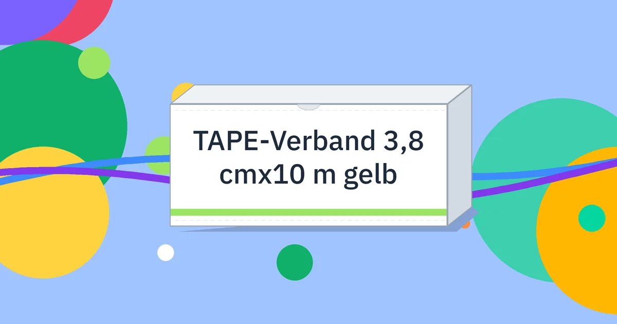 Symbolbild: Packung mit der Aufschrift TAPE-Verband 3,8 cmx10 m gelb (PZN 04881397) – Verfügbarkeit und Bezug in Apotheken in Frankfurt am Main