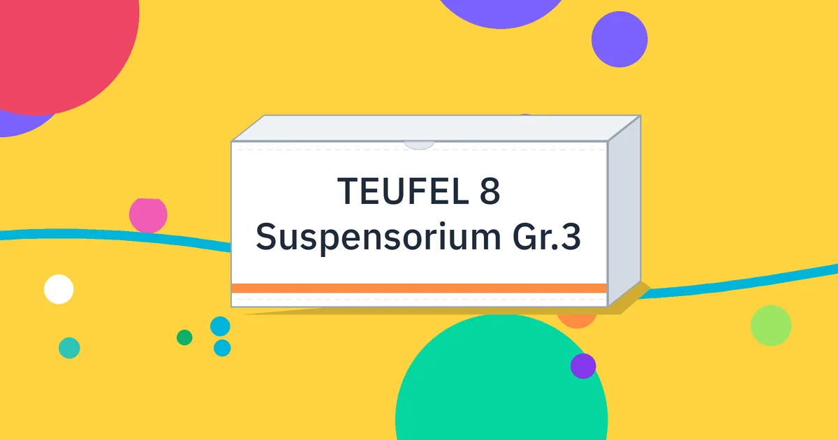 Symbolbild: Packung mit der Aufschrift TEUFEL 8 Suspensorium Gr.3 (PZN 02299339) – Verfügbarkeit und Bezug in Apotheken in Frankfurt am Main