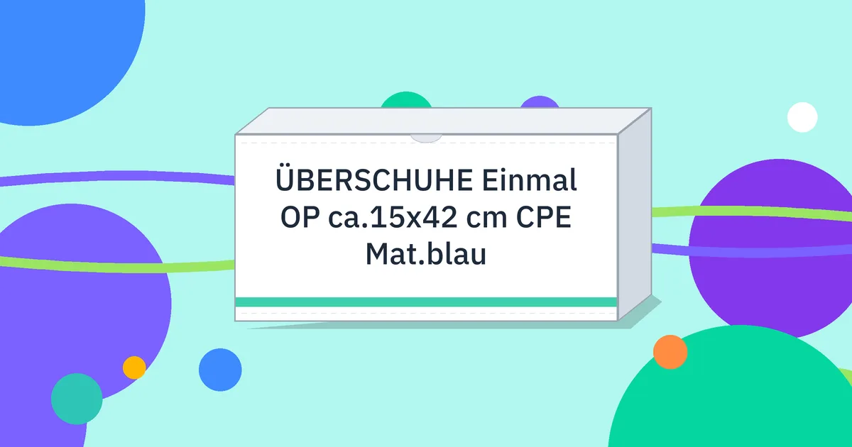 Symbolbild: Packung mit der Aufschrift ÜBERSCHUHE Einmal OP ca.15x42 cm CPE Mat.blau (PZN 08443493) – Verfügbarkeit und Bezug in Apotheken in Frankfurt am Main