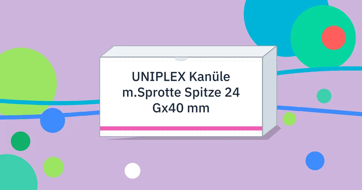 Symbolbild: Packung mit der Aufschrift UNIPLEX Kanüle m.Sprotte Spitze 24 Gx40 mm (PZN 03944693) – Verfügbarkeit und Bezug in Apotheken in Frankfurt am Main