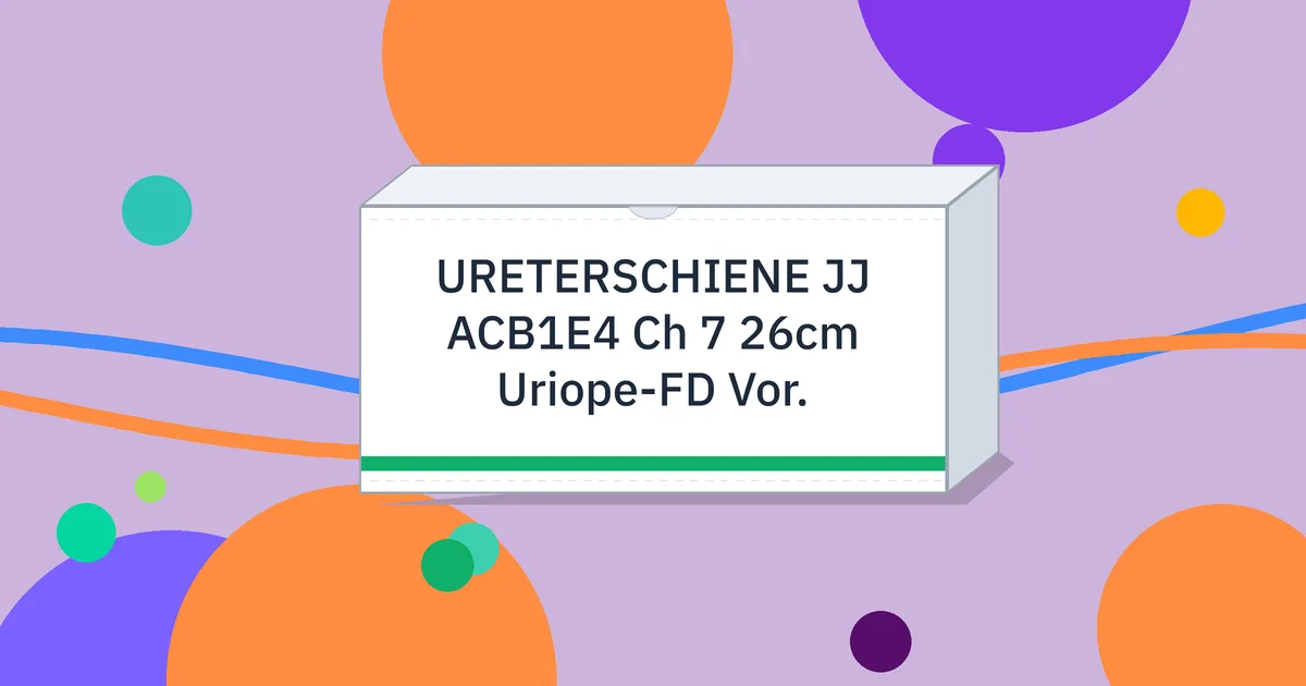 Symbolbild: Packung mit der Aufschrift URETERSCHIENE JJ ACB1E4 Ch 7 26cm Uriope-FD Vor. (PZN 00515164) – Verfügbarkeit und Bezug in Apotheken in Frankfurt am Main