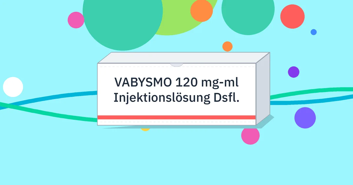 Symbolbild: Packung mit der Aufschrift VABYSMO 120 mg-ml Injektionslösung Dsfl. (PZN 19537820) – Verfügbarkeit und Bezug in Apotheken in Frankfurt am Main