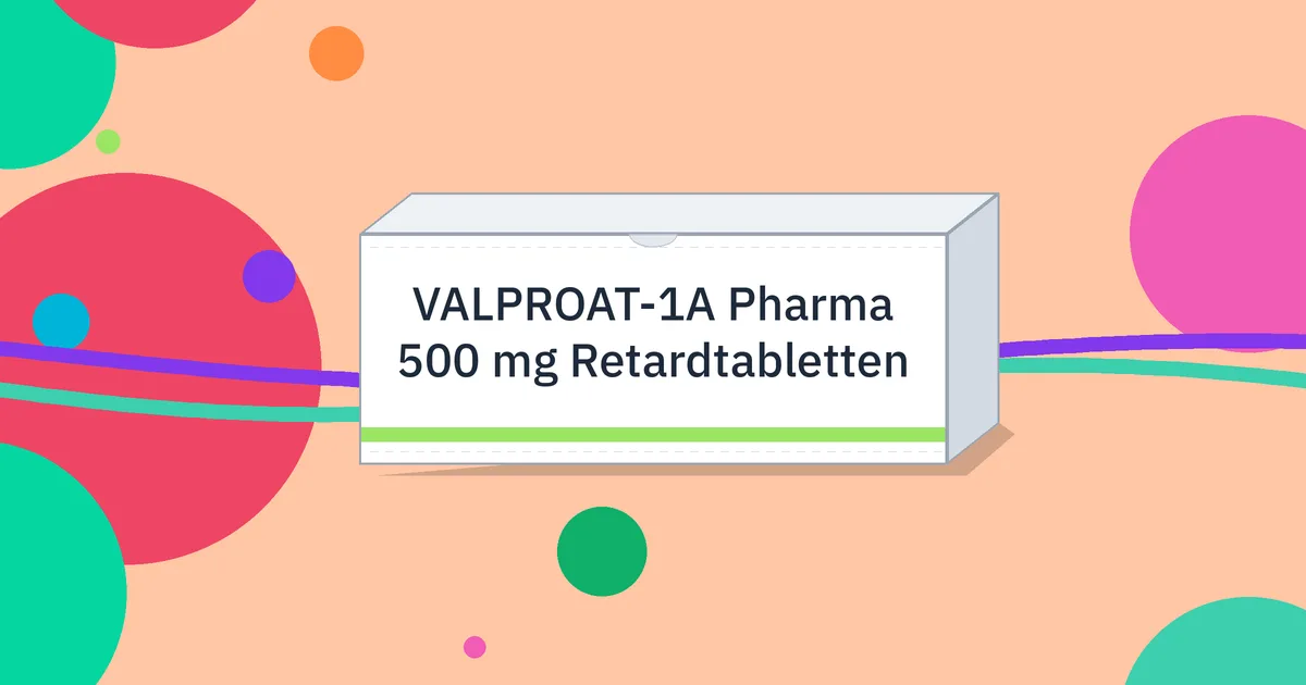 Symbolbild: Packung mit der Aufschrift VALPROAT-1A Pharma 500 mg Retardtabletten (PZN 04343932) – Verfügbarkeit und Bezug in Apotheken in Frankfurt am Main