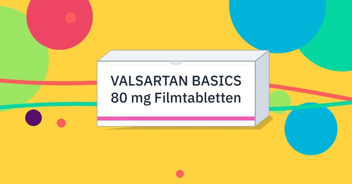Symbolbild: Packung mit der Aufschrift VALSARTAN BASICS 80 mg Filmtabletten (PZN 08471839) – Verfügbarkeit und Bezug in Apotheken in Frankfurt am Main