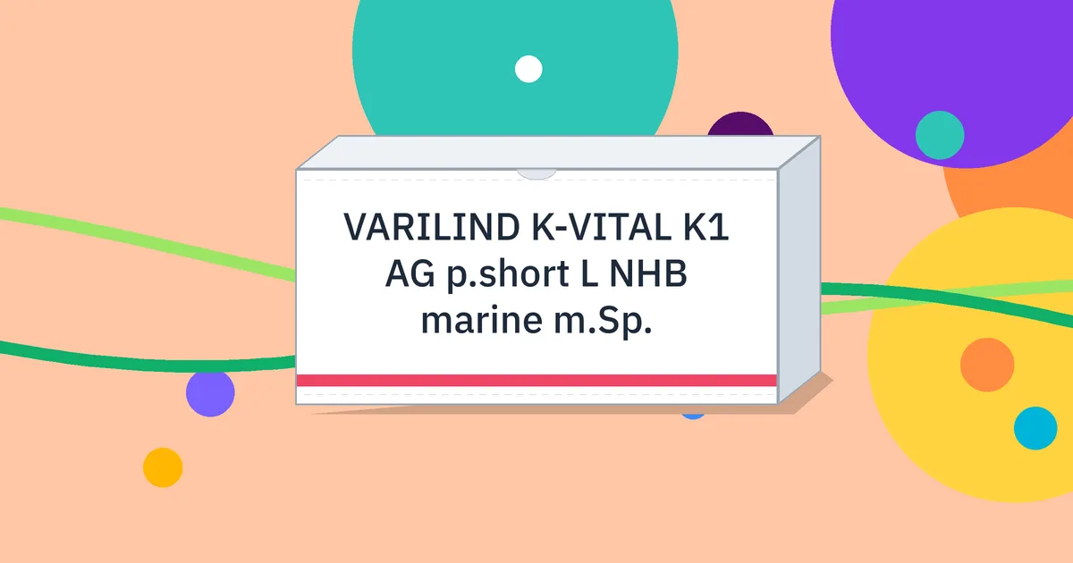 Symbolbild: Packung mit der Aufschrift VARILIND K-VITAL K1 AG p.short L NHB marine m.Sp. (PZN 20563136) – Verfügbarkeit und Bezug in Apotheken in Frankfurt am Main