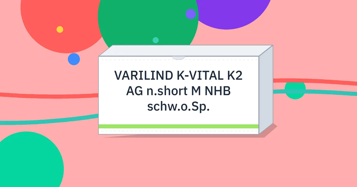 Symbolbild: Packung mit der Aufschrift VARILIND K-VITAL K2 AG n.short M NHB schw.o.Sp. (PZN 20565193) – Verfügbarkeit und Bezug in Apotheken in Frankfurt am Main