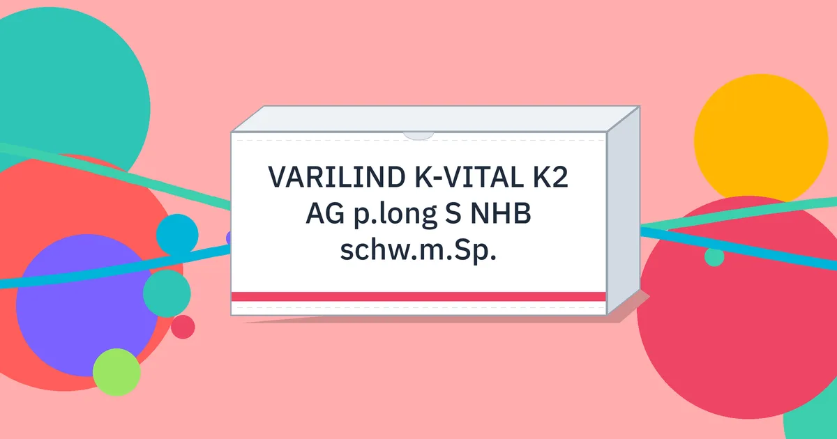 Symbolbild: Packung mit der Aufschrift VARILIND K-VITAL K2 AG p.long S NHB schw.m.Sp. (PZN 20565141) – Verfügbarkeit und Bezug in Apotheken in Frankfurt am Main