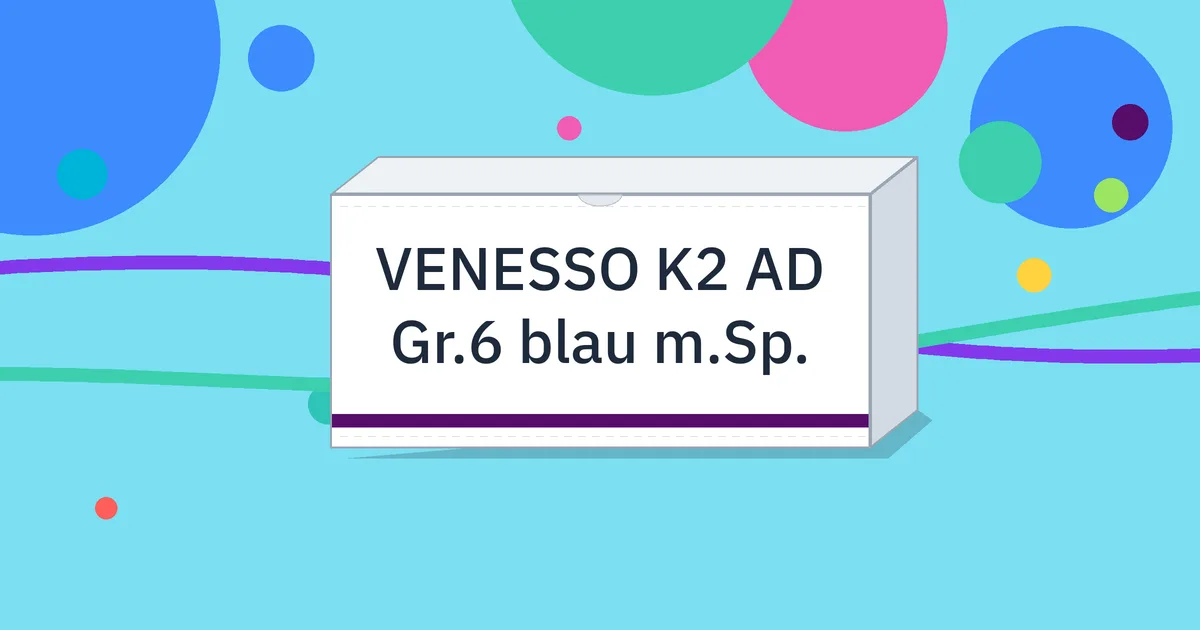 Symbolbild: Packung mit der Aufschrift VENESSO K2 AD Gr.6 blau m.Sp. (PZN 03258905) – Verfügbarkeit und Bezug in Apotheken in Frankfurt am Main