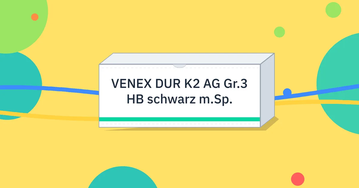 Symbolbild: Packung mit der Aufschrift VENEX DUR K2 AG Gr.3 HB schwarz m.Sp. (PZN 03219029) – Verfügbarkeit und Bezug in Apotheken in Frankfurt am Main