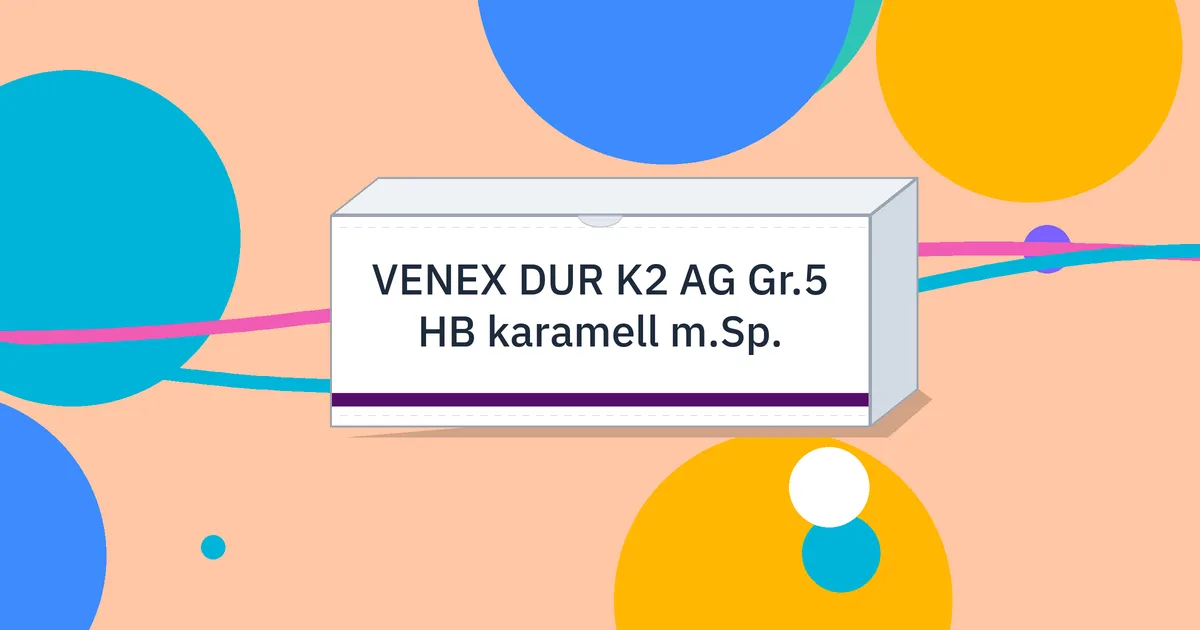 Symbolbild: Packung mit der Aufschrift VENEX DUR K2 AG Gr.5 HB karamell m.Sp. (PZN 13757733) – Verfügbarkeit und Bezug in Apotheken in Frankfurt am Main